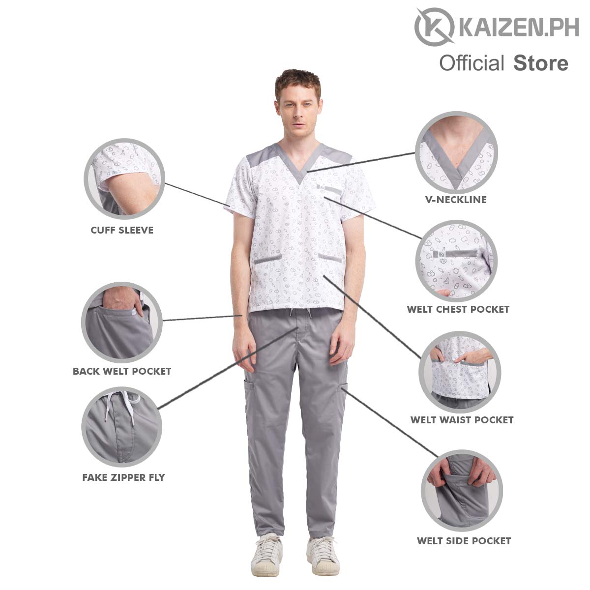 KSS3G-04 Printed Medical Elements 2-tone Welt Pockets Top – Kaizen.PH Healthcare Apparel